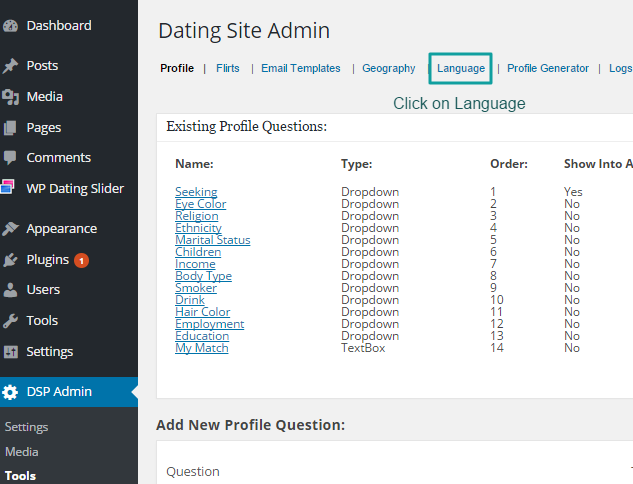 3 Click on Language | WordPress Dating Plugin