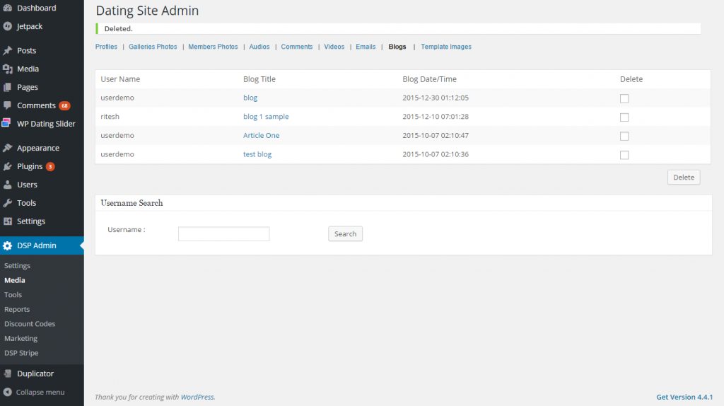Admin features with WP Dating software