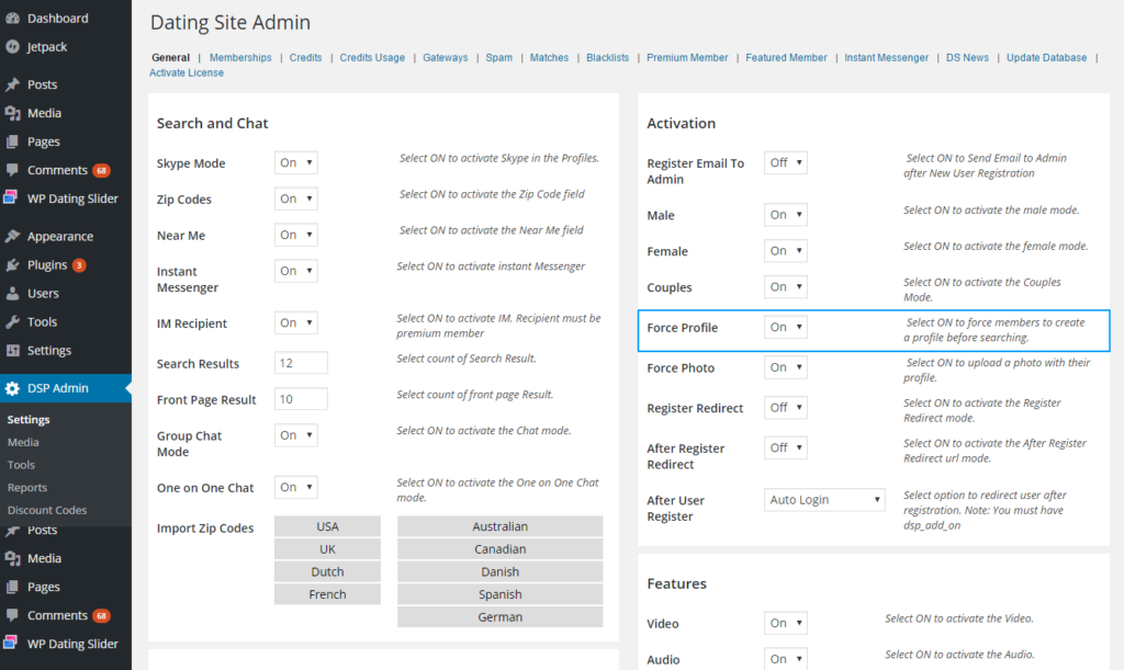 Admin features with WP Dating software